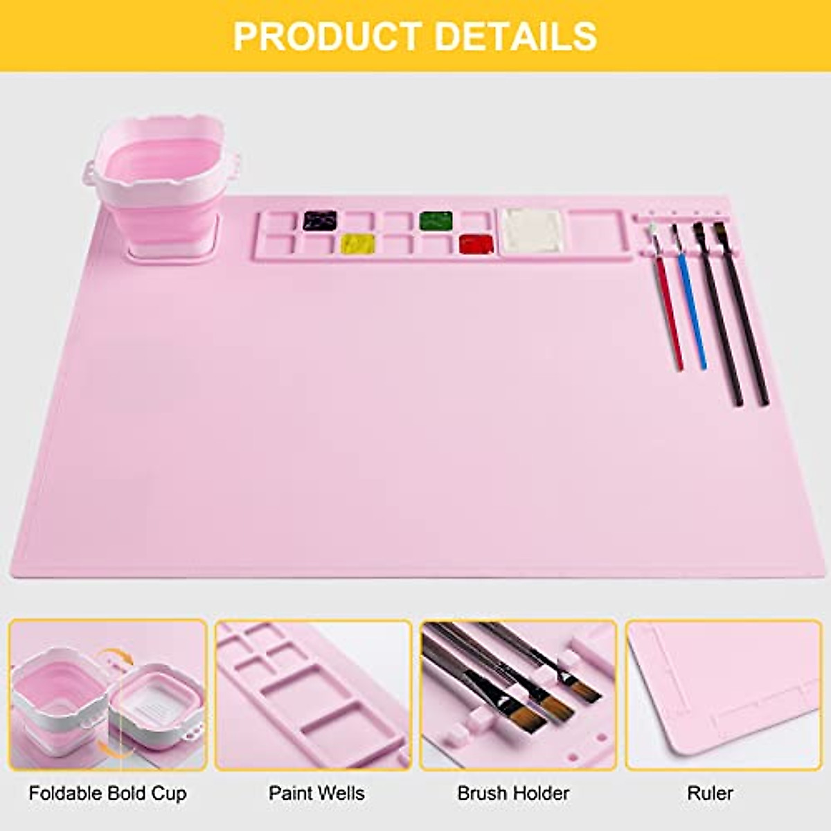 Silicone Painting Mat, Art Mat with Cup, Craft Paint Brush Cleaner Tool, Artist for Kids Gift Clay DIY Creations (Pink)