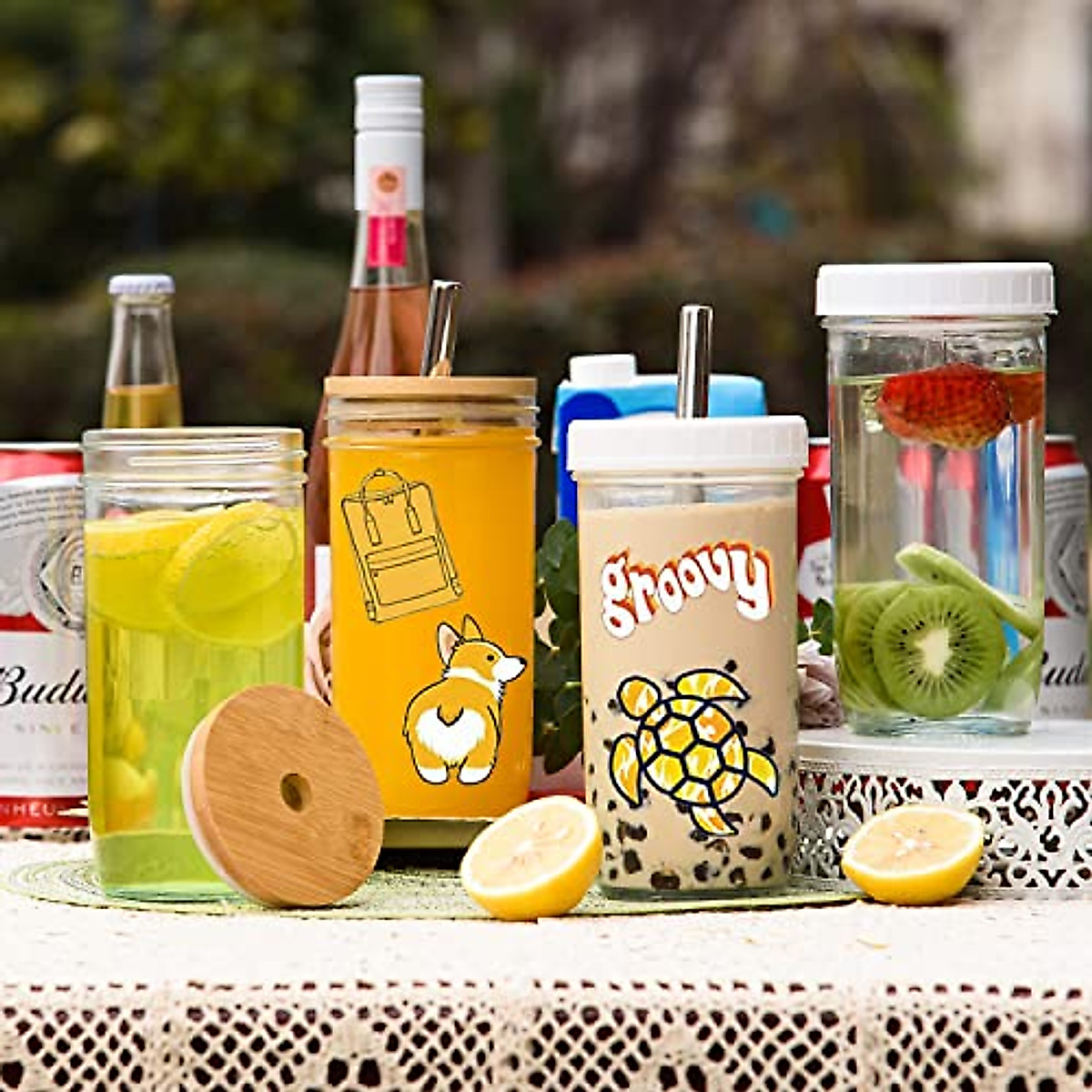 MOHARY [ 4 Pack ] Glass Cups Set - 24oz Mason Jar Drinking Glasses with Bamboo Lids & Straws & 2 Airtight Lids & 2 hole Lids - Cute Reusable Boba Bottle, Travel Tumbler for Tea, smoothie