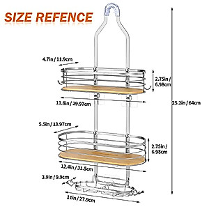 Hanging Shower Caddy, Stainless Steel Bathroom Hanging Shower Organizer Rack Basket, Rustproof Bamboo Basket with Hooks for Towels, Soap, Shampoo, shower accessories, Silver