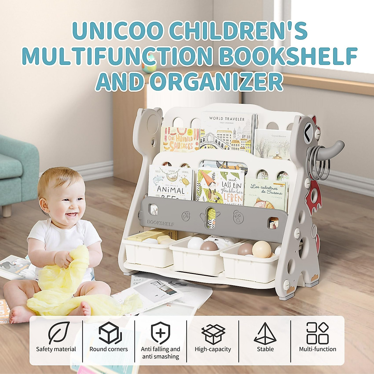 UNICOO® Kids Baby Dragon 2 Tier Bookshelf with 3 Toy Storage Bins, Children Bookshelf & Toy Organizer, Lightweight & Compact, for Toddler Nursery, Study Room, Playroom (Gray)