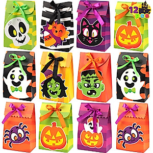 JOYIN Halloween Candy Bags Treat Boxes-12 Pieces Halloween Paper Bags Trick or Treat Halloween Sweet Goodie Bags with Ribbon, Halloween Party Favors Gift Bags