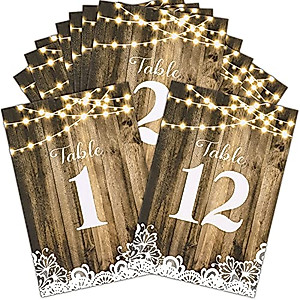 1-12 Wood Lights Table Number Double Sided Signs Rustic Calligraphy Printed Numbered Card Paper Wedding Seating Chart Table Decoration Restaurant Reusable Reception Centerpieces for Tables, 4 x 6 Inch