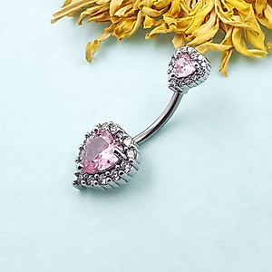 Excepro 1PC 14G(1.6mm) Double Heart Diamond Cubic Zirconia Navel Belly Button Ring 316L Surgical Steel Piercing Jewelry