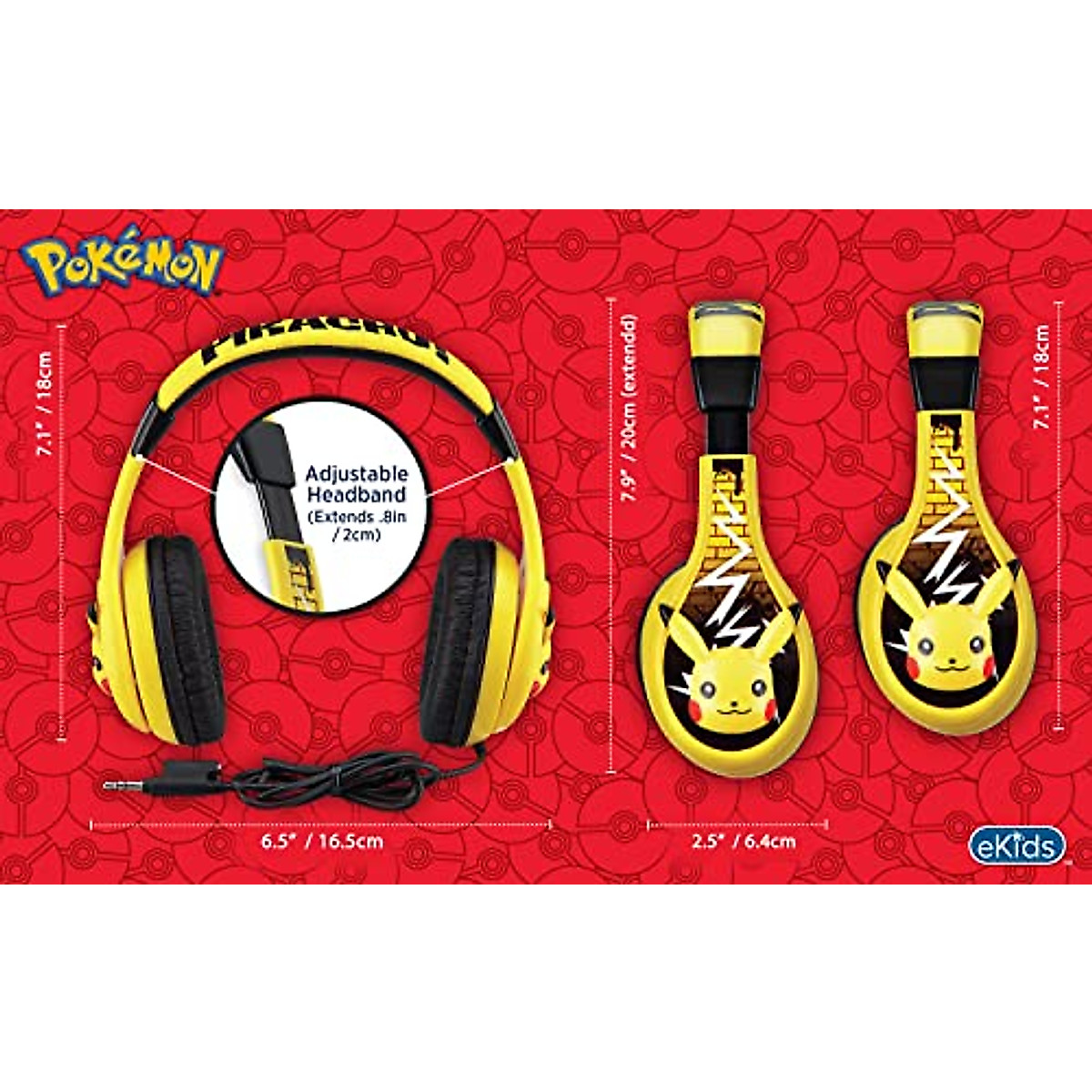 Pokemon Pikachu Kids Headphones, Adjustable Headband, Stereo Sound, 3.5Mm Jack, Wired Headphones for Kids, Tangle-Free, Volume Control, Children's Headphones On Ear for School Home, Travel