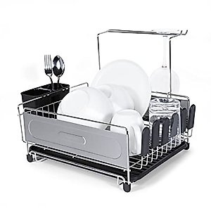happimess DSH1000A Compact 17.25" Fingerprint-Proof Stainless Steel Dish Drying Rack, Dish Rack with Wine Glass Holder, Utensil Holder, Stainless Steel/Black, Silver/Black