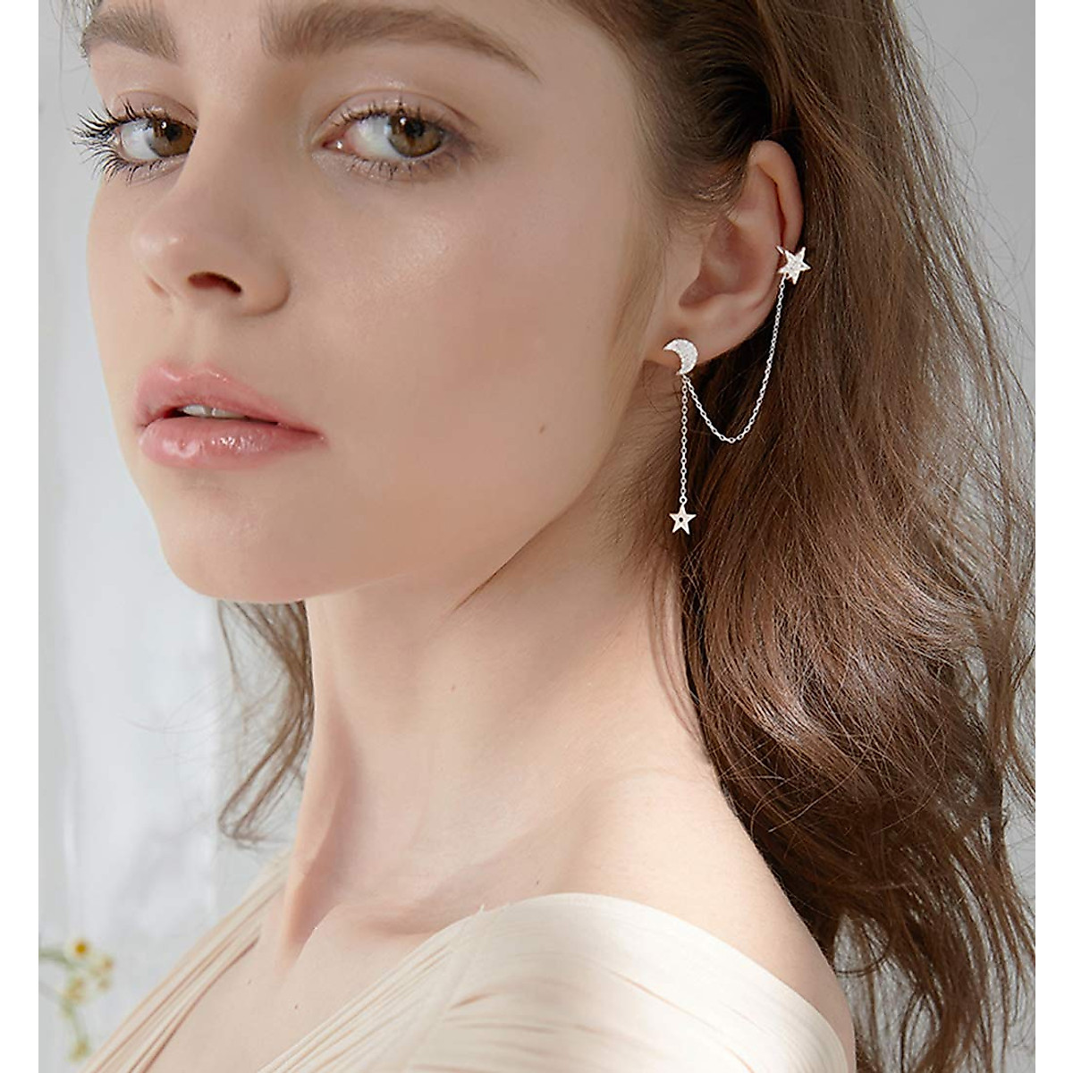 SLUYNZ 925 Sterling Silver Cuff Earrings Chain for Women Asymmetric Star Moon Earrings Crawler Earrings Dangling Chain (A-Silver)