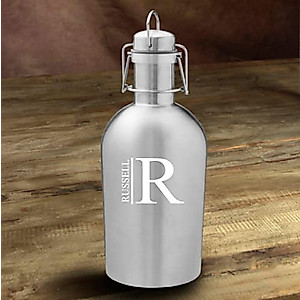 Personalized Beer Growler (Silver, Modern Design), 64 oz Stainless Steel Single Wall Bottle Ideal for Camping, Travel - Unique Gift Idea