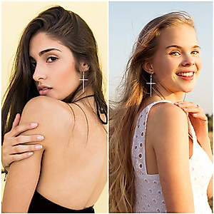 Jeka Cross Long Dangle Earrings for Women Stainless Steel Hypoallergenic Drop Fashion Minimalist Jewelry Silver Christian Religious Easter Gifts for Women