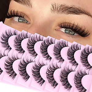 Goddvenus Fluffy Mink False Eyelashes, 7 Pairs D Curve Wispy Cat Eye, Soft Faux Mink Lashes with Clear Band, Reusable False Eyelashes for Daily Beauty