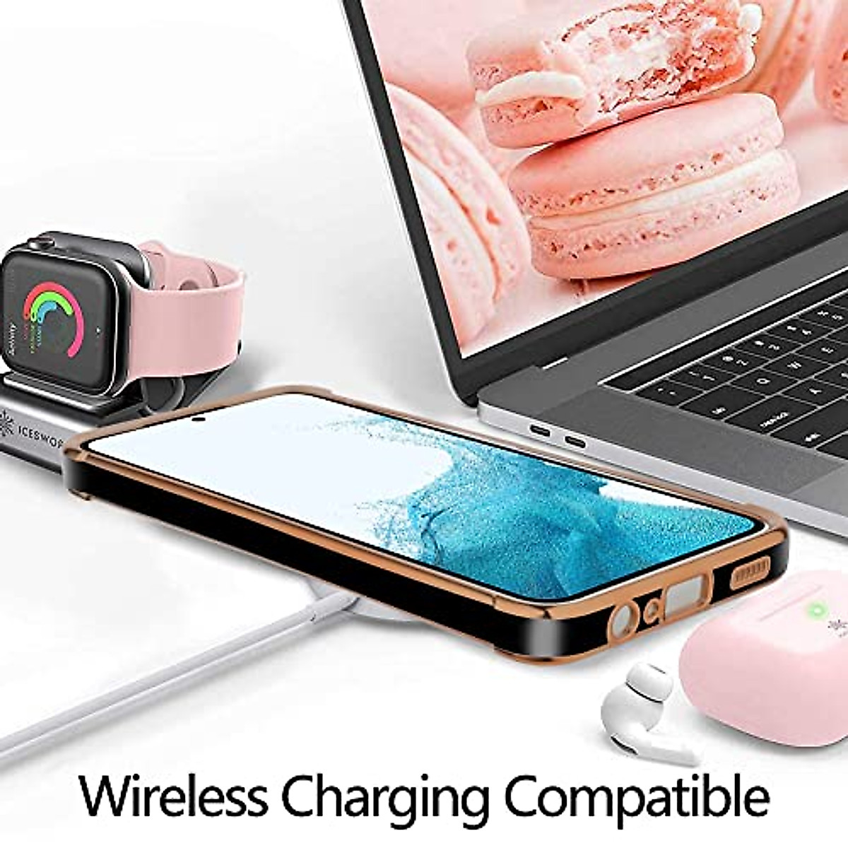 AIGOMARA Compatible with Samsung Galaxy S22 Case with Finger Strap Luxury Cute Heart Plating Phone Case Full Body Protective Kickstand Cover for Galaxy S22 5G 2022 Women Girly - Black