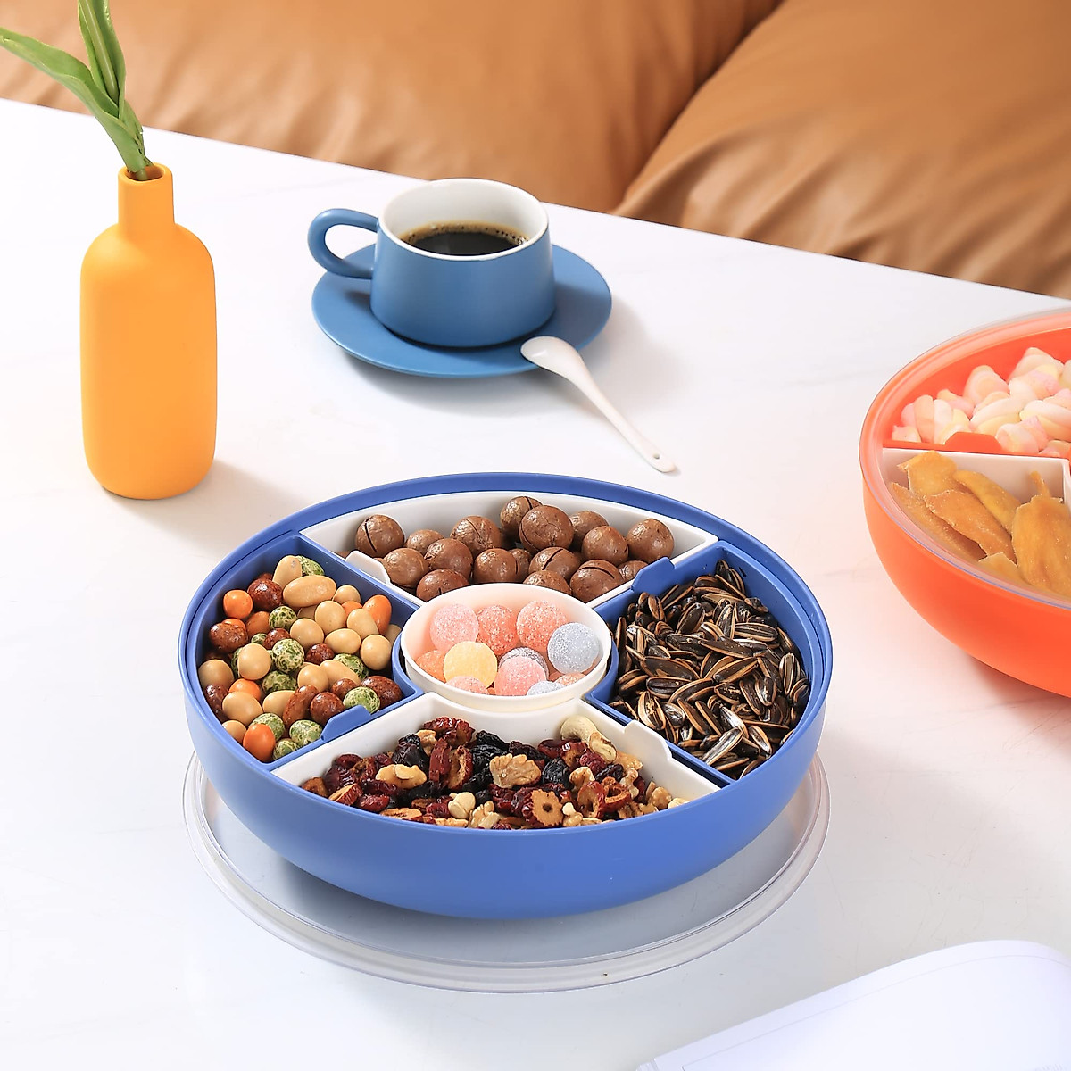 ZENFUN 2 Pack Plastic Candy and Nut Serving Container with Lid, 11.5 Inch Divided 5 Compartment Snack Bowls Serving Tray, Multifunctional Party Appetizer Tray for Dried Fruits, Food Storage