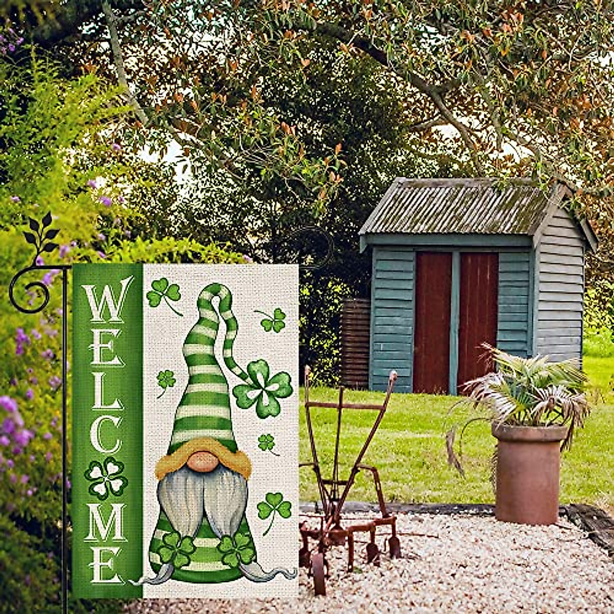 CROWNED BEAUTY St Patricks Day Garden Flag Gnome Shamrock Welcome 12×18 Inch Double Sided Green Clover Small Outside Vertical Holiday Yard Decor