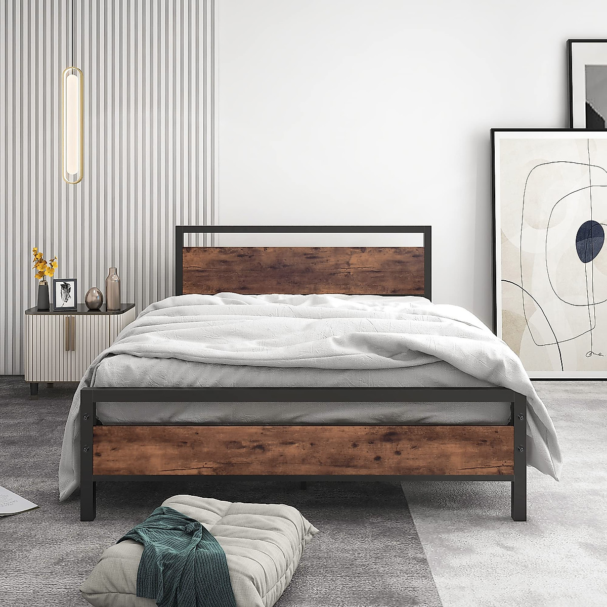 BOFENG Full Size Bed Frame with Wood Headboard,Heavy Duty Platform Bed Frame Full with Storage No Box Spring Needed,Reinforced Steel Slats Support,Mattress Foundation,Rustic Brown