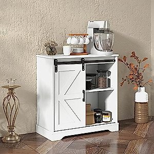 Panana Sliding Barn Door Buffet Sideboard Storage Cabinet Coffee Bar Kitchen Farmhouse Style (White Cabinet)