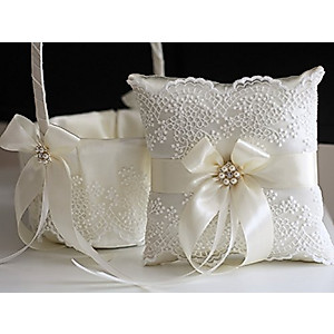Alex Emotions Ivory Flower Girl Basket and Ring Bearer Pillow Set - Ivory Wedding Basket Pillow Set, Lace Ring Pillow, Lace Ring Holder, Lace Ring Pillow