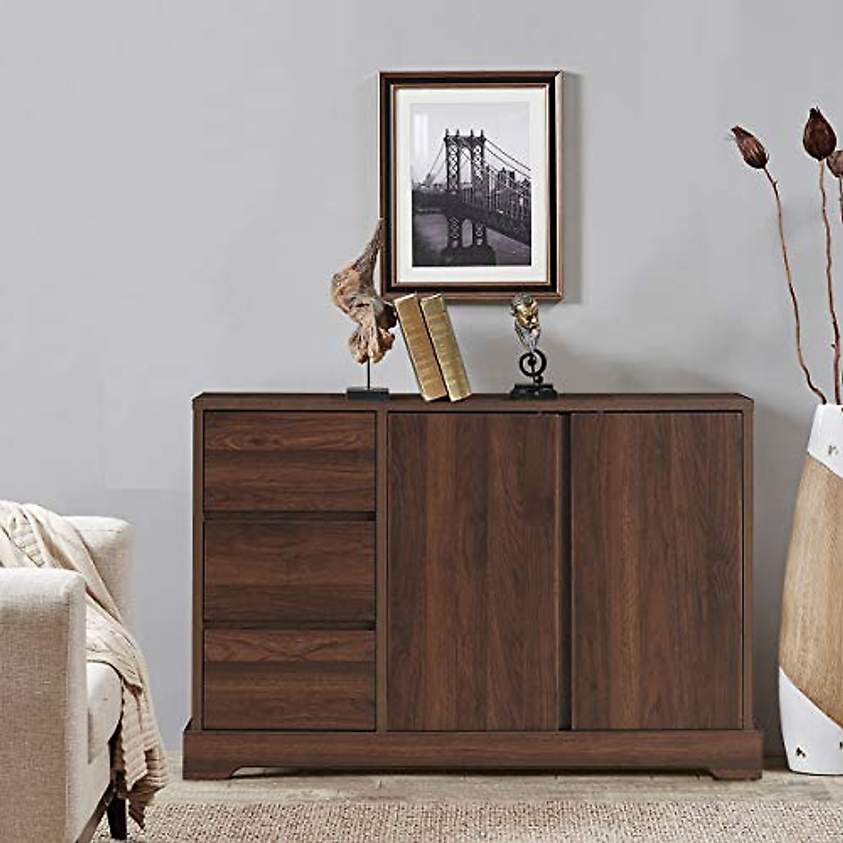 Giantex Buffet Sideboard, Storage Console Table with 3 Drawers and 2-Door Cabinets, Buffet Server Cupboard for Kitchen, Dining Room, Living Room, Entryway, Walnut (46.5”LX 15.5”WX 30.5”H)