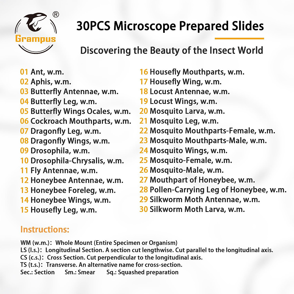 30 Prepared Microscope Slides with Specimens for Kids Students - Insects, for Biological Science Lab, Children's Science Education, Homeschooling Use