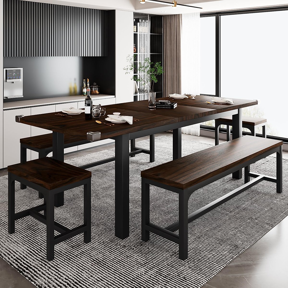 iPormis 5-Piece Dining Table Set for 4-8 People, Extendable Kitchen Table Set with 2 Benches and 2 Square Stools, Mid-Century Dining Room Table with Metal Frame & MDF Board, Saving Space, Espresso