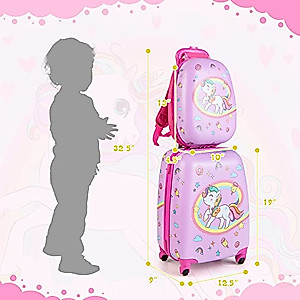 HONEY JOY Kids Luggage, 12" Toddler Backpack & 16" Travel Suitcase with Wheels, Lightweight Toddler Girls Suitcase, Durable ABS Hardshell, 2Pcs Carry On Luggage Set for Boys Girls(Pink Horse)