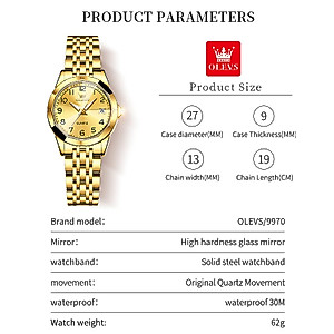 OLEVS Gold Womens Watch Fashion Dress Diamond Female Watches for Ladies Analog Quartz Stainless Steel Waterproof Luminous Day Date Two Tone Wristwatch