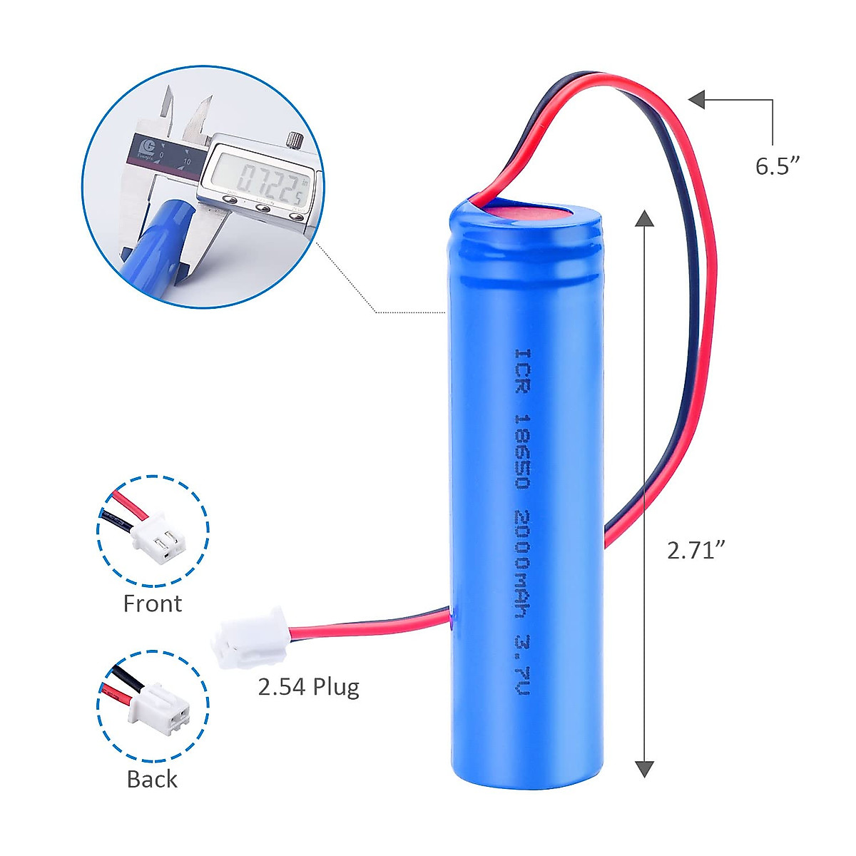 AUDEEKON 3.7Volt Lipo Battery 2000mAh Rechargeable Battery Pack with Wire and JST Connector, ICR18650 Battery 2000mah 3.7v Replacement Batteries for Electronics, Toys, Lighting, Equipment