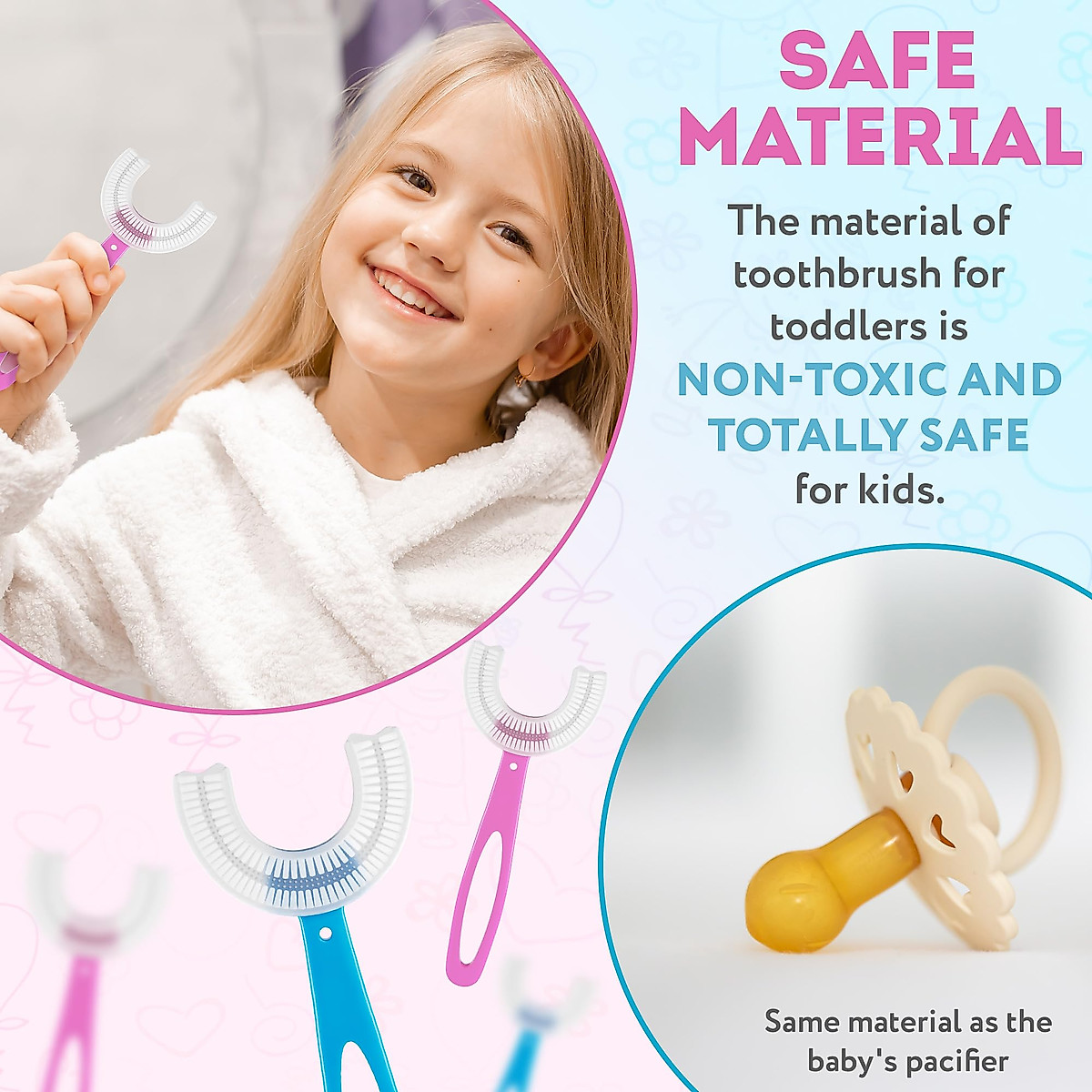 PUREVACY Kids U Shaped Toothbrush for 2-8 Years Old, 4 Pack Blue Food-Grade Silicon All Around U Shape Toothbrush, Funny Full Mouth Toothbrush for Kids with Soft Bristles and Ergonomic Handle