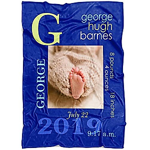 Personalized Baby Photo Newborn Blanket with Birth Information for Girls and Boys. Customized Name Blanket from Baby's Name, BirthDate, Weight. Gift for New Born Baby, New Dad Mom Grandma (Blue)