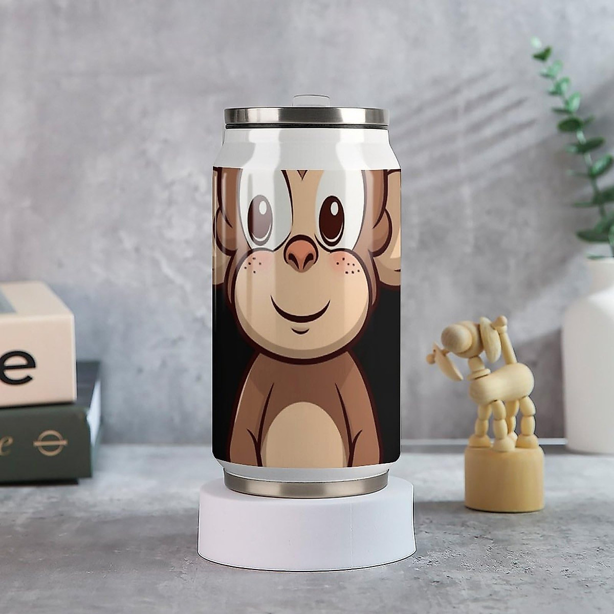 10 Oz Cartoon Brown Monkey Printed Drink Cup, Vacuum Insulated Thermos Cup with Straw Lid,Stainless Steel Travel Mug for Home Outdoor