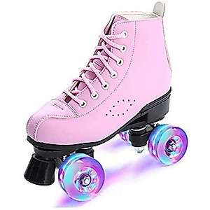 Roller Skates for Women, Classic Double-Row Roller Skates Pu Leather Roller Skate Boys and Girls Unisex Indoor and Outdoor Skates, Easy Carrying (Pink Flash Wheel,9)