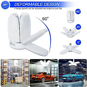 LED Garage Light 60W E26 6000LM Deformable LED Garage Ceiling Lights 6500K Daylight White Garage LED Light with 4 Adjustable LED Panels, LED Garage Lights for Warehouse Workshop Basement Lights