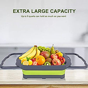 QiMH Colander Collapsible, Over Sink Silicone 9 Quart(8.5L) Extra Large Kitchen Strainers with Extendable Handles, Veggies, Fruit and Pasta Foldable Strainer, BPA Free, Kitchen Essential