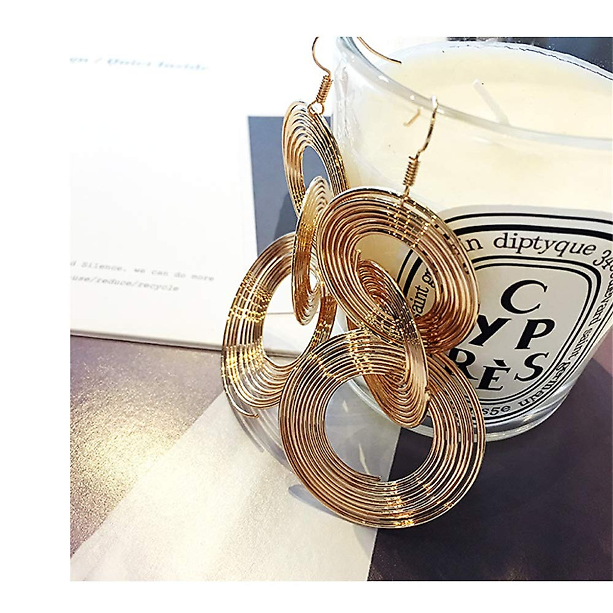 Women Gold Plated Long 70s Disco Earrings hoop round 3 circles Multi-layer drop big alloy geometric party wear Earring (disco earrings Gold)