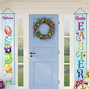 Tatuo 2 Pieces Easter Day Decoration Easter Porch Sign Welcome and Happy Bunny Banner Wall Door Porch Signs for Indoor Outdoor Decoration Party Supplies