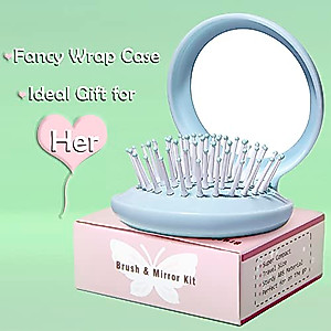 Arthaxi Travel Hair Brush with Mirror, Compact Mirror with Mini Hair Brush Kit, Folding Hairbrush for Women, Small Hair Comb with Mirror Portable Size in Purse or Pocket, Blue