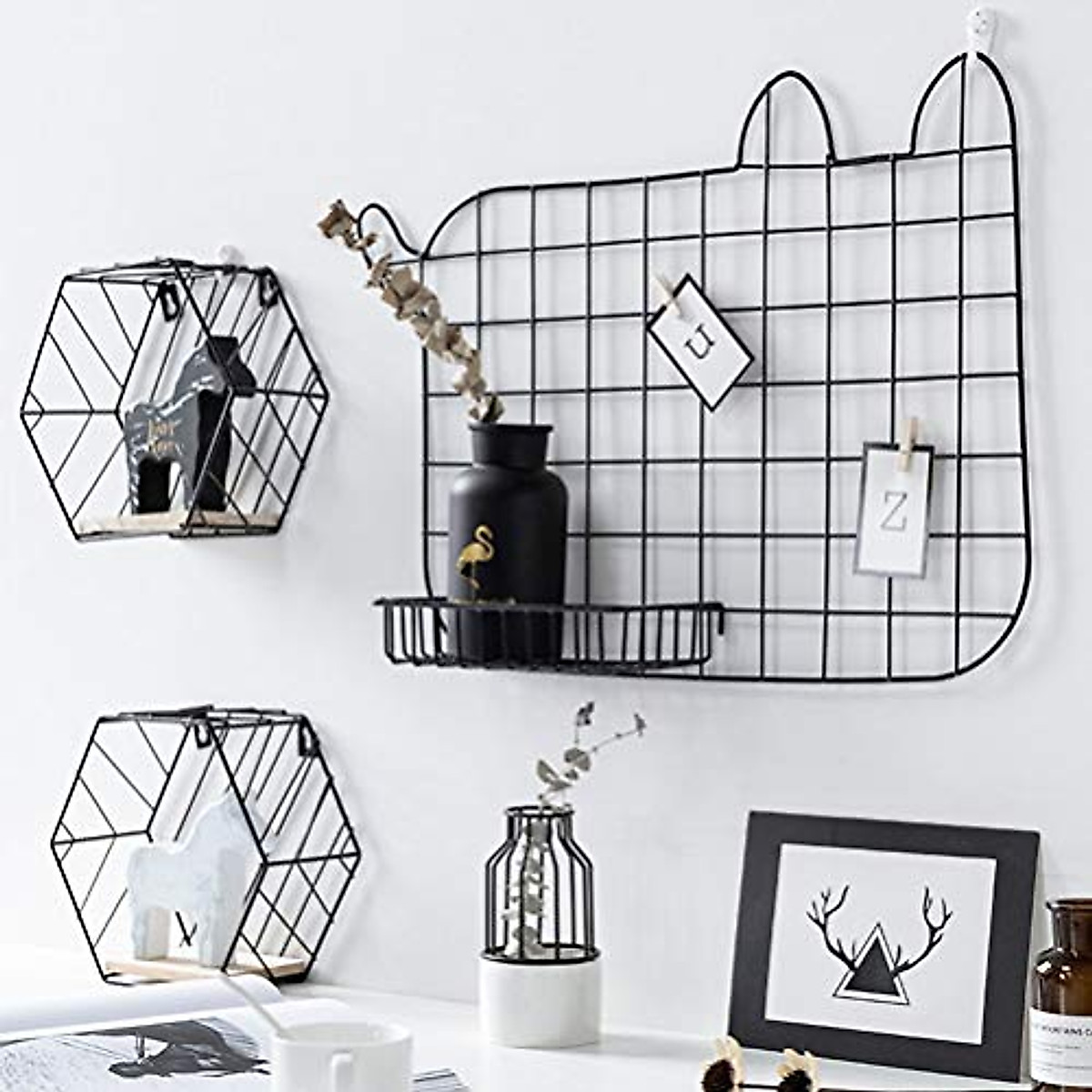 BESPORTBLE Grid Wall Panel Cat Shaped Photo Wall Display for DIY Wall Pictures Postcard Holder Storage Rack Black