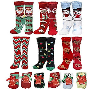 Gilbins Womens Soft Fuzzy Sock, Holiday Christmas Slipper Socks, holiday stocking stuffers, Snowflake Fuzzy Socks, 6 Pack, Size 9-11