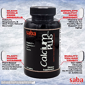 Saba Calcium Plus - Bone Strength - Calcium, Magnesium, Potassium, Vitamin D, Zinc, Betaine - GMO, Soy, Gluten Free Ingredients - Whole Food Supplement for Bone Health, Immune - 90 Caplets