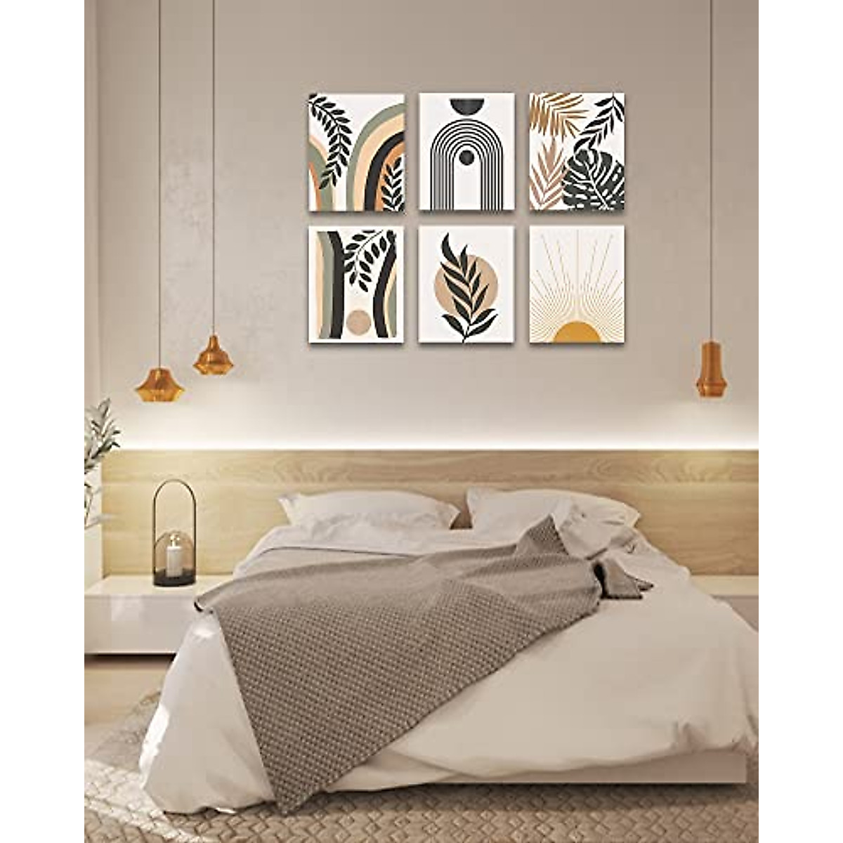 Boho Wall Art , Minimalist Wall Art , Boho Room Decor, Mid Century Modern Framed Canvas Wall Art, Abstract Boho Wall Decor, Bohemian Moon Phases Wall Painting For Living Room Bedroom Kitchen Office Home Decor Set of 6, 8x10in (Framed)