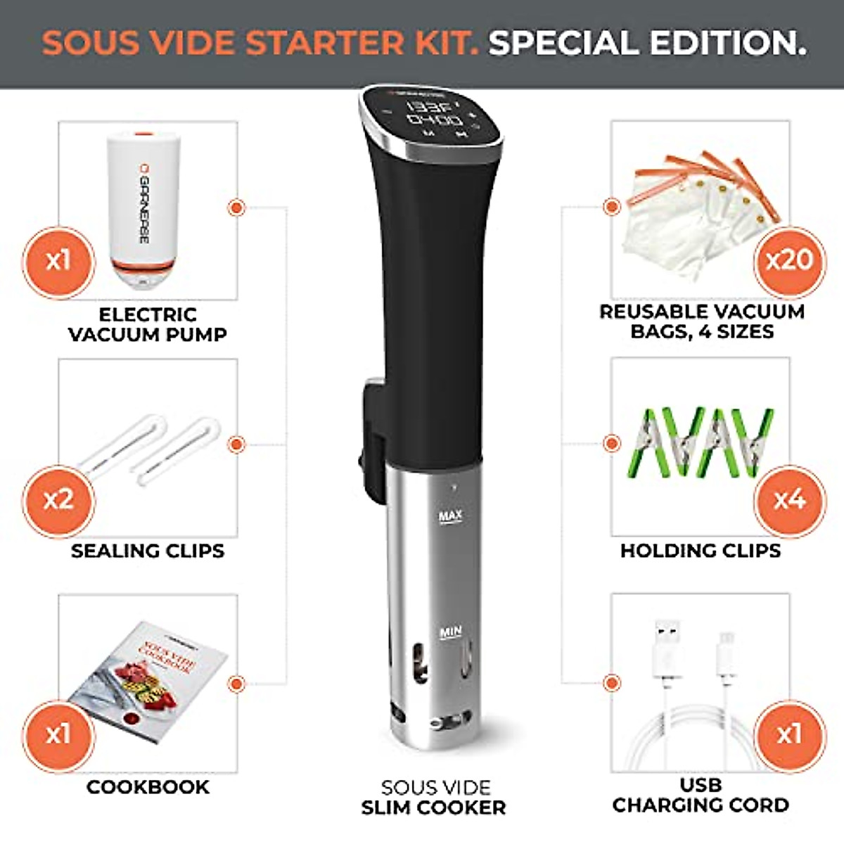 Sous Vide Cooker Starter Kit | All In One | Sous Vide Immersion Circulator Slim Design 1000W, 20 Sous Vide Reusable Vacuum Bags, Electric Pump, Sous Vide Clips, Cookbook | Special Edition