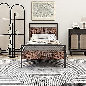 alazyhome Modern Industrial Twin Size Bed Frame Metal Platform with Rustic Wooden Headboard and Footboard, No Box Spring Needed, Noise Free, Easy Assembly Black