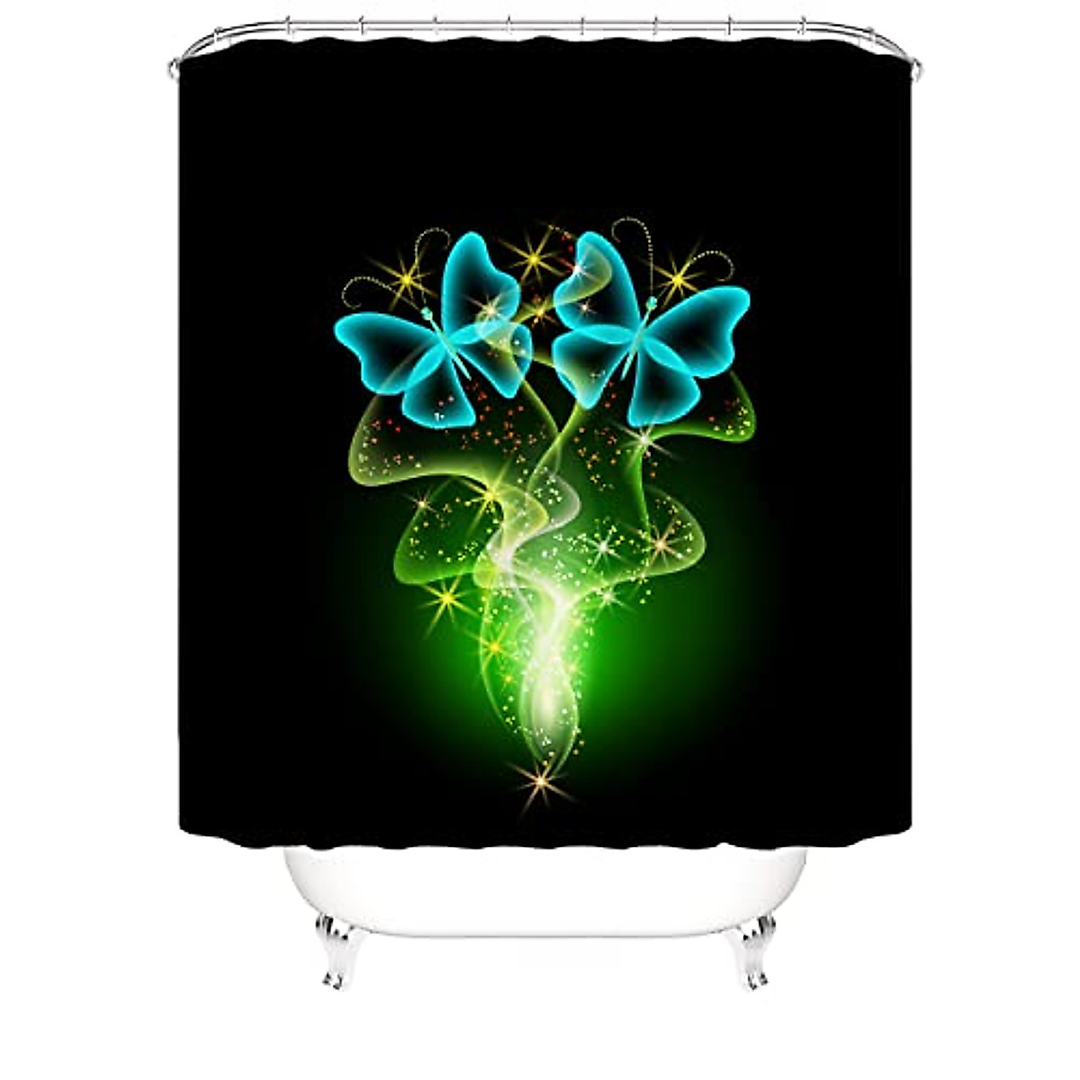 NC 4Pcs Butterfly Shower Curtain Sets with Non-Slip Rugs,Toilet Lid Cover and Bath Mats Bathroom Accessories Sets Complete Green Bathroom Sets with 12 Hooks,Waterproof Shower Curtain for Bathroom