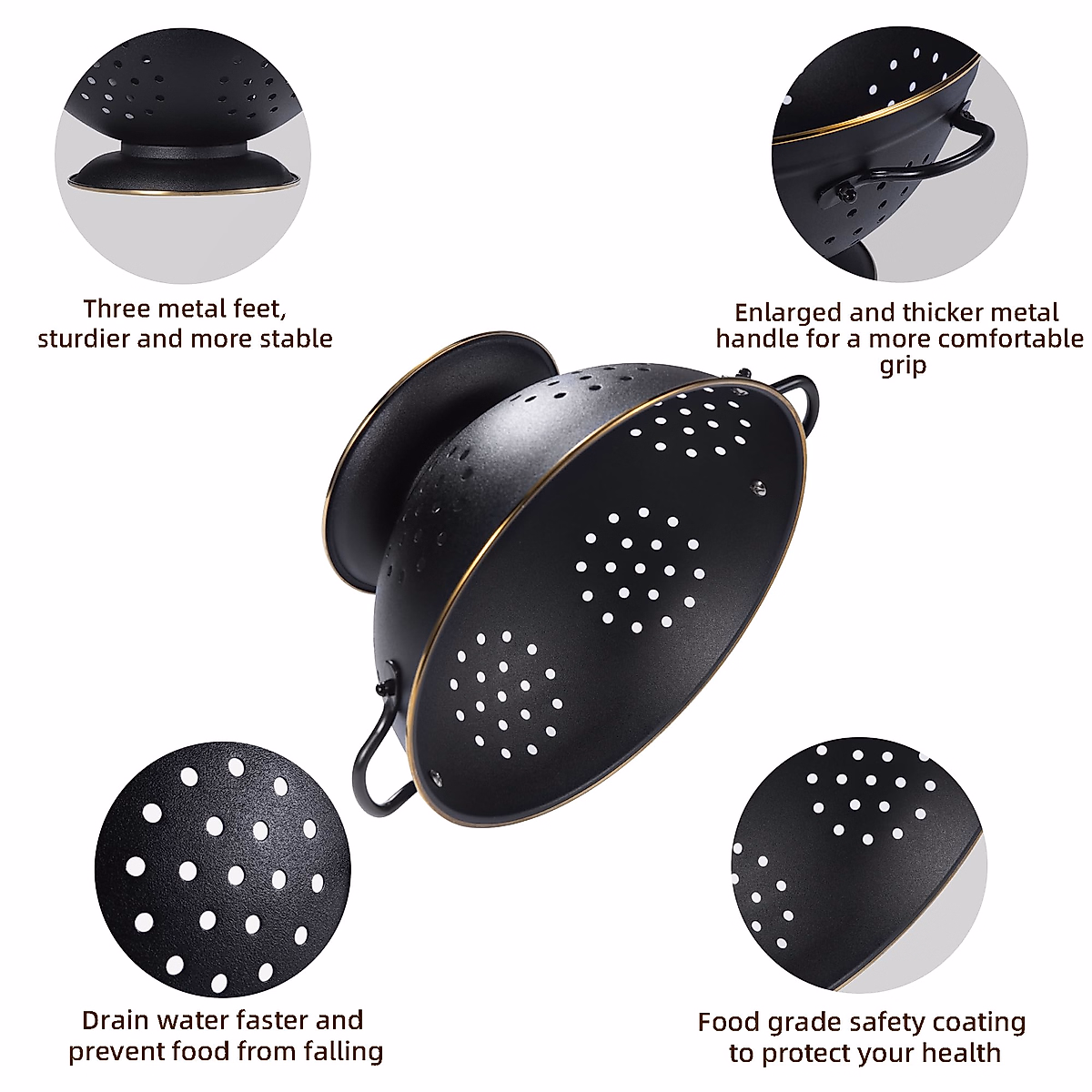 Metal Colander Set of 2, Strainer Basket with Handles perfect for Spaghetti, Pasta, Berry, Vegetable, Fruit, Solid Base Powder Coated Self-draining Kitchen Colander Bowel, 3.5 & 5 Qt, Matte Black