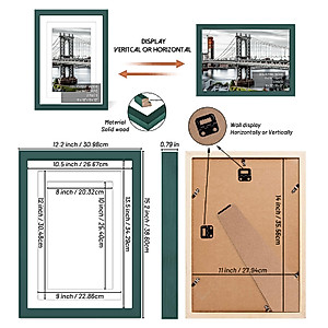 UHFWIFR 11x14 Picture Frames Solid Wood Display Pictures 9x12 or 8x10 with Mat or 11x14 Frame without Mat Poster Photo Frame Art with 2 Mats for Wall Mounting or Table Top(Dark Green)
