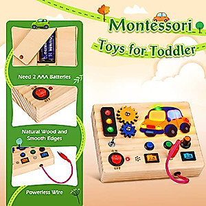 Auney Montessori Busy Board with Traffic Led Lights,Wooden Sensory Toys for Toddlers 1-3,Baby Travel Toys with 7 Different Led Lights Sound Button,Educational Toys for 1+ Year Old Boy Car Style Gift
