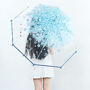 Kung Fu Smith Women Half Automatic Clear Flower Bubble Dome Shape Wind Stick Rain Umbrella, Blue