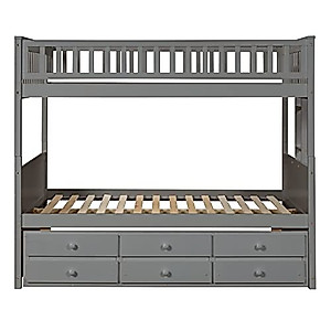 OUYESSIR Full Over Full Bunk Bed with Trundle and 3 Drawers, Full Size Bunk Beds Convertible to 2 Platform Beds, Solid Wood Bunk Bed with Twin Size Trundle and 3 Storage Drawers (Grey, Ladder)