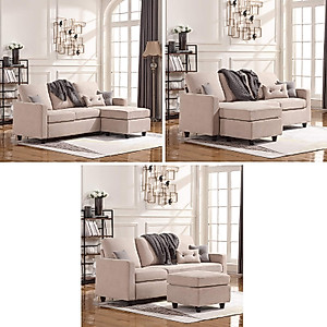 HONBAY L Shaped Couch with Linen Fabric,Convertible, Reversible Sectional Sofa for Small Space, Dark Beige