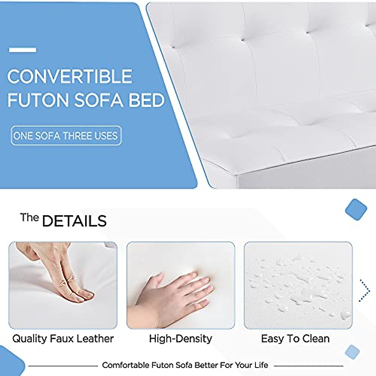 Topeakmart Convertible Sofa Bed Tufted Faux Leather Couch Bed with Chrome Metal Legs Adjustable Backrest Easily Converts to Recliner and Bed Comfortable Sofa for Living Room/Bed Room/Apartment,White