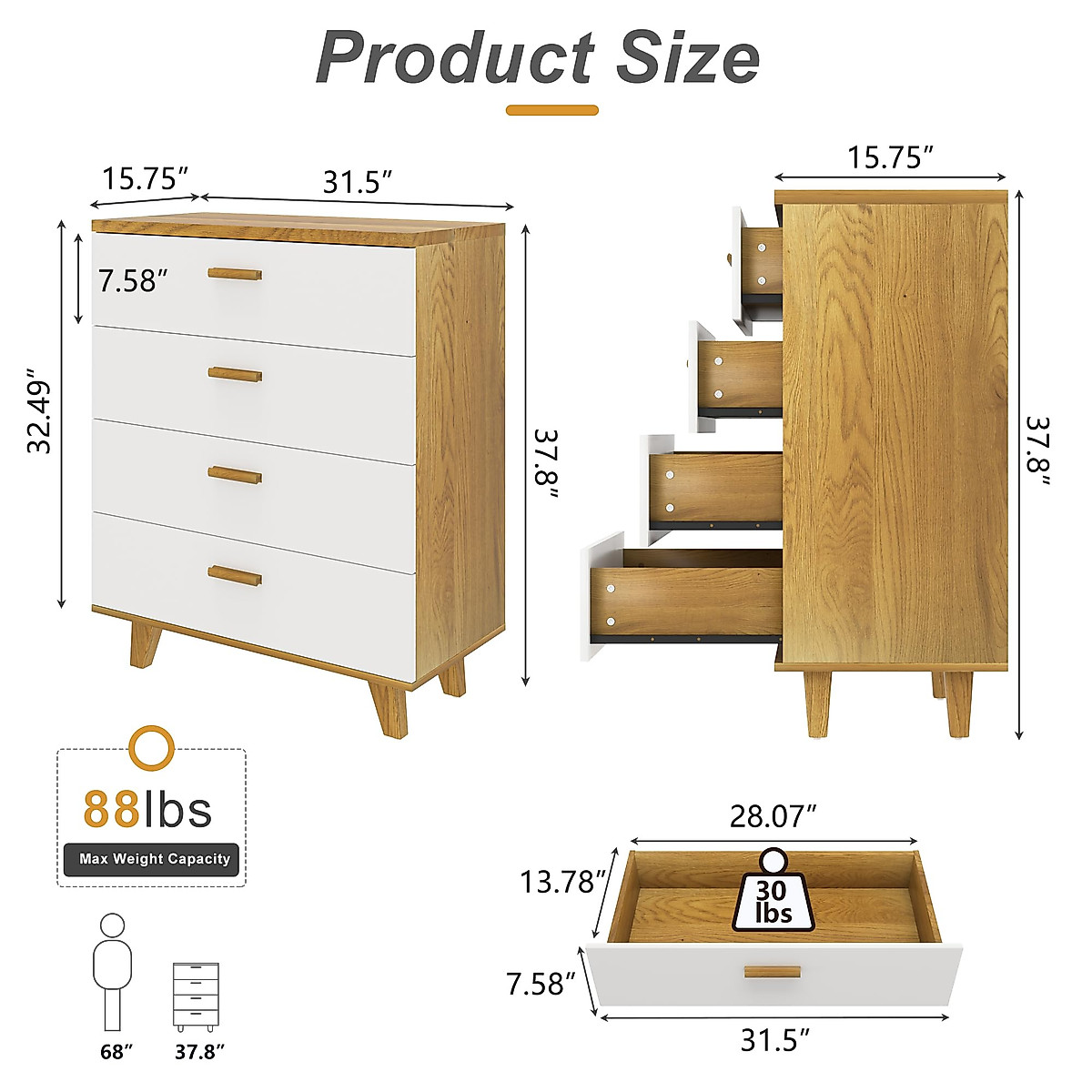 CIPACHO White 4 Drawer Dresser for Bedroom, Modern Wood Storage Chest of Drawers for Nursery, Living Room,Kid Room (4 Drawer)