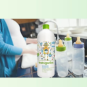 Soybec Baby Bottle Soap & Baby Bottle Brush Cleaner Bundle - (1) 32oz Babyganics Foaming Dish & Bottle Soap Refill Fragrance-Free, (1) Dr. Brown's Baby Bottle Brush Plus Baby Cleaning Tip Sheet